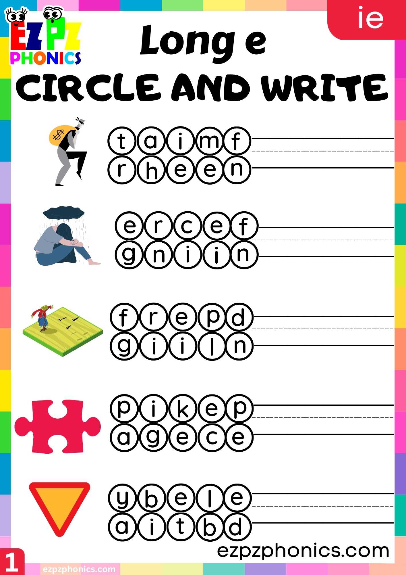 IE Words Circle And Write Long E Phonics Worksheet - ezpzphonics.com